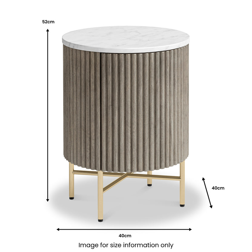 Amelie Grey Fluted Round Marble Bedside Table with Storage | Roseland