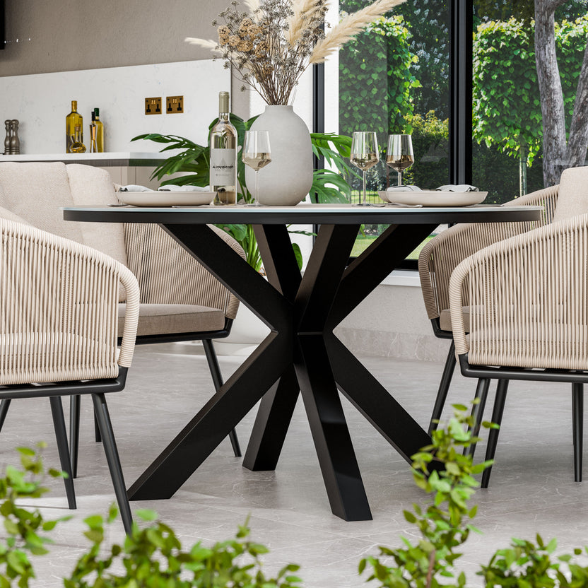 Bali 4 Seater Round Ceramic Dining Set with Rope Chairs | Roseland