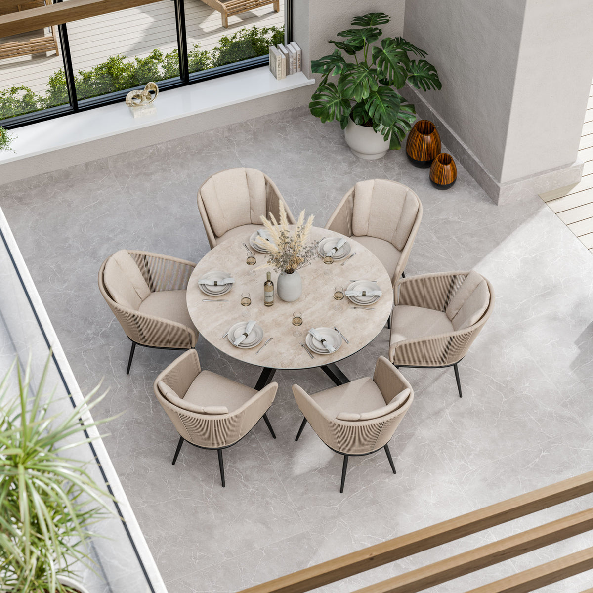 Bali 6 Seater Round Ceramic Dining Set with Rope Chairs | Roseland