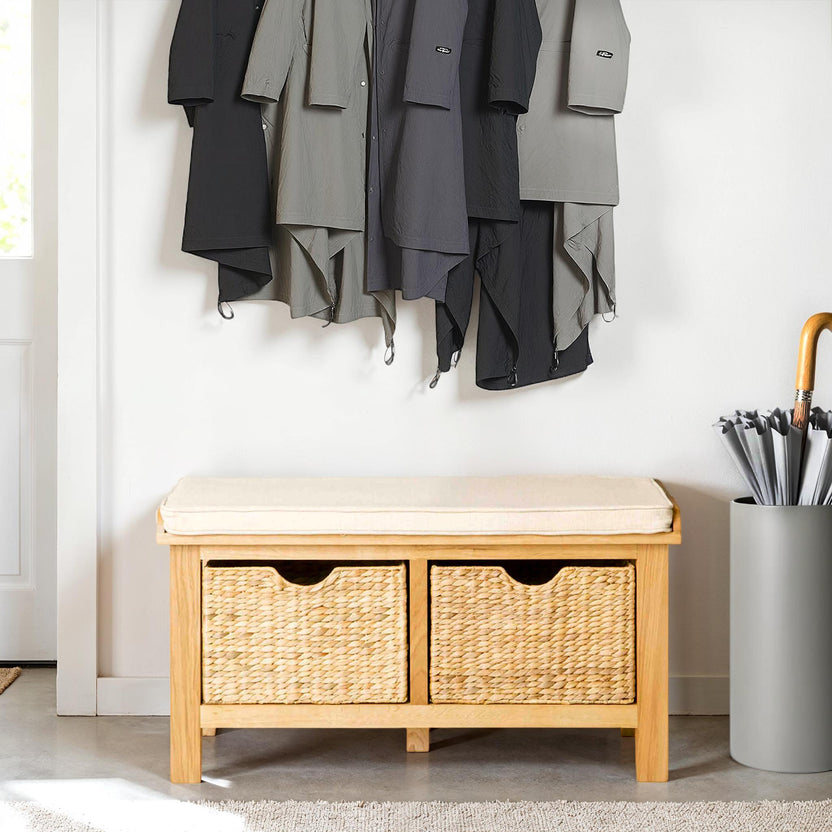 London Oak Hall Bench with Baskets and Cushion | Light Oak | Roseland