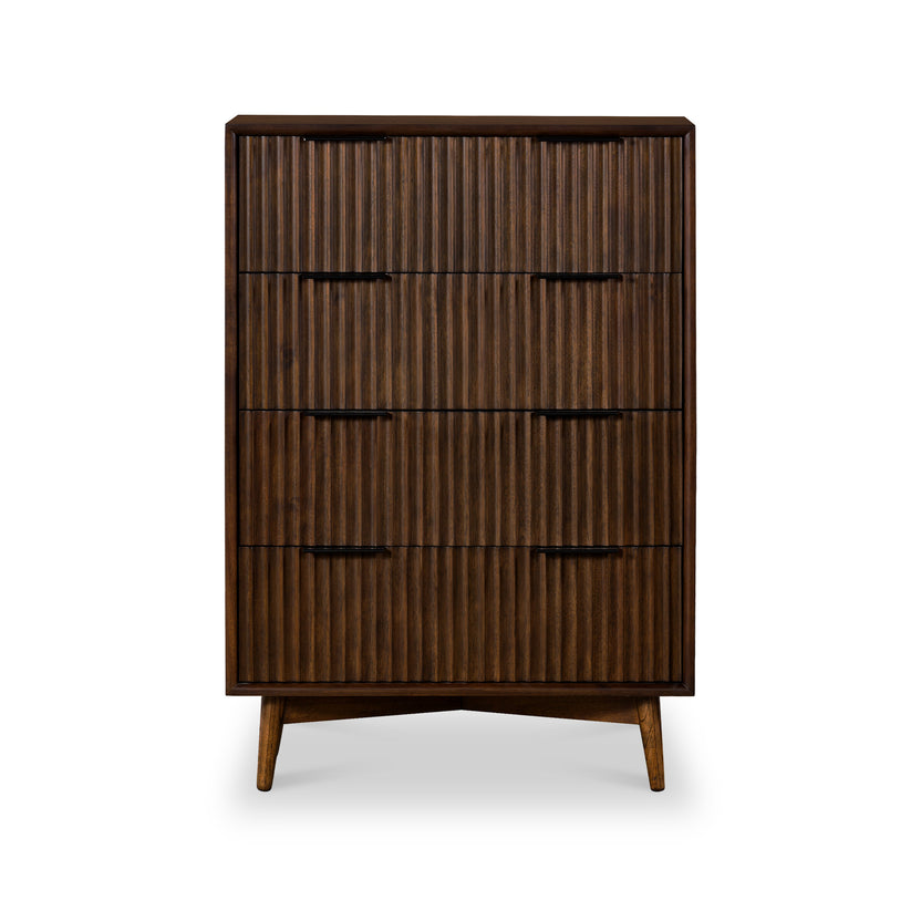 Oskar Walnut Stain Tall Grooved 4 Drawer Chest | Roseland