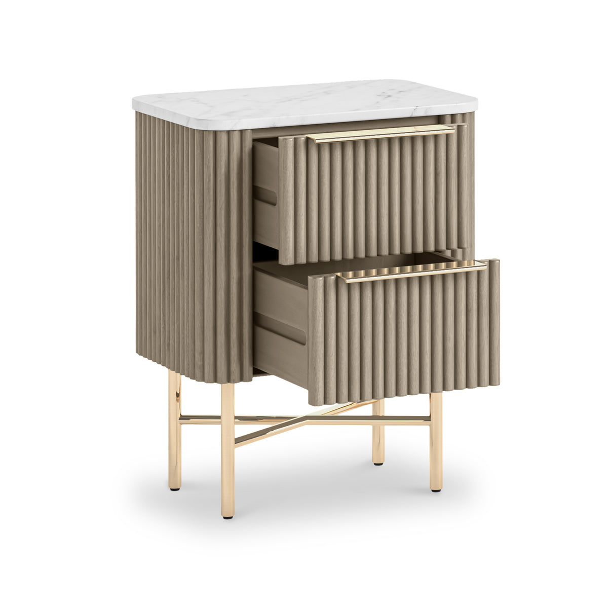 Amelie Grey Fluted 2 Drawer Narrow Bedside Table with Marble Top ...