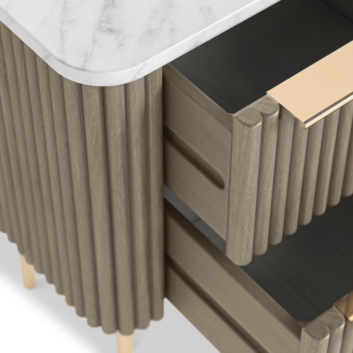 Amelie Grey Fluted 2 Drawer Narrow Bedside Table with Marble Top ...