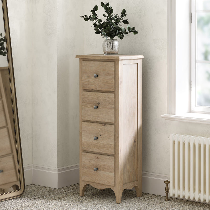 Celine Washed Oak Tallboy | Narrow 4 Drawer Storage Chest | Roseland