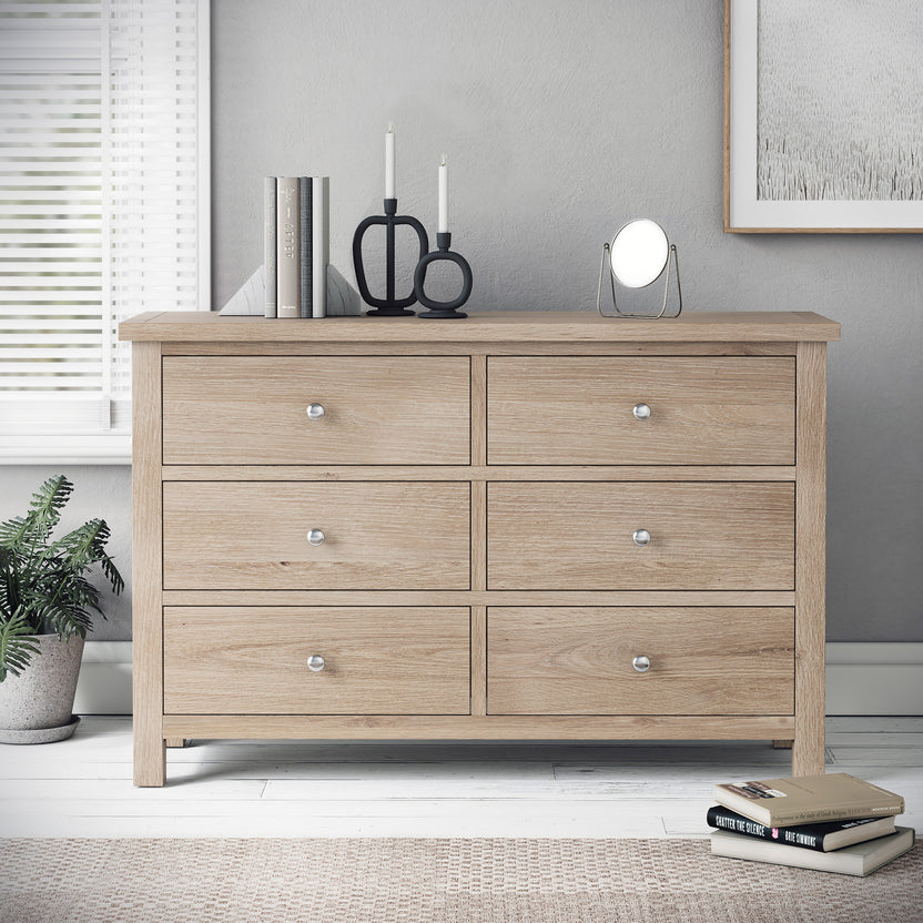 Farrow Washed Oak Large 6 Drawer Chest of Drawers | Roseland