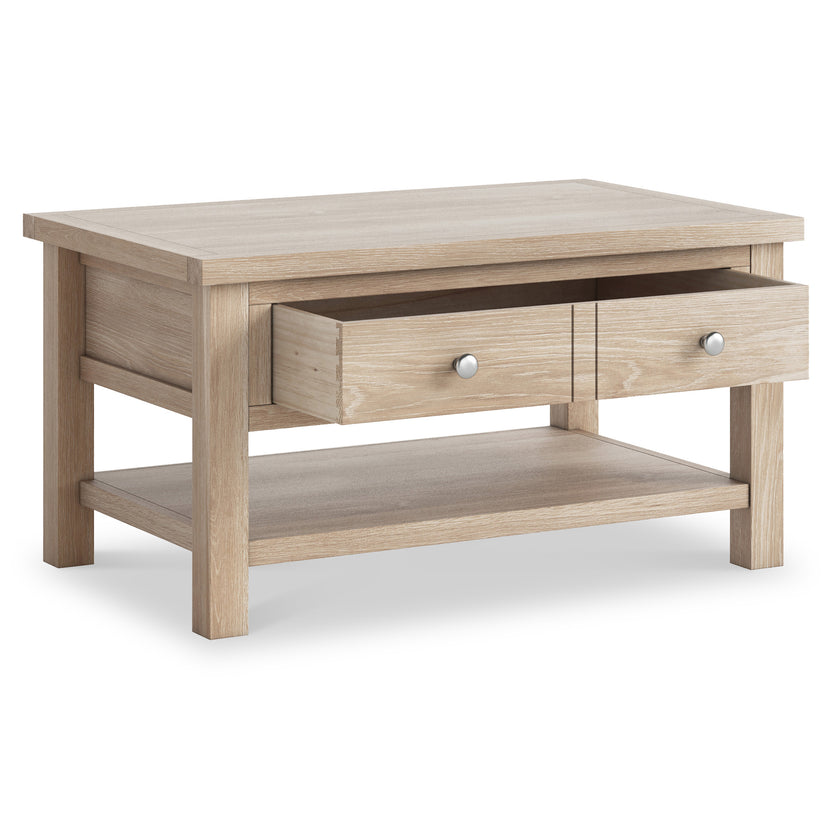 Farrow Washed Oak Coffee Table with Storage Drawer | Roseland