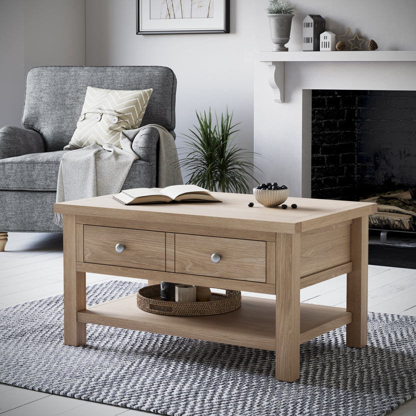 Farrow Washed Oak Coffee Table with Storage Drawer | Roseland