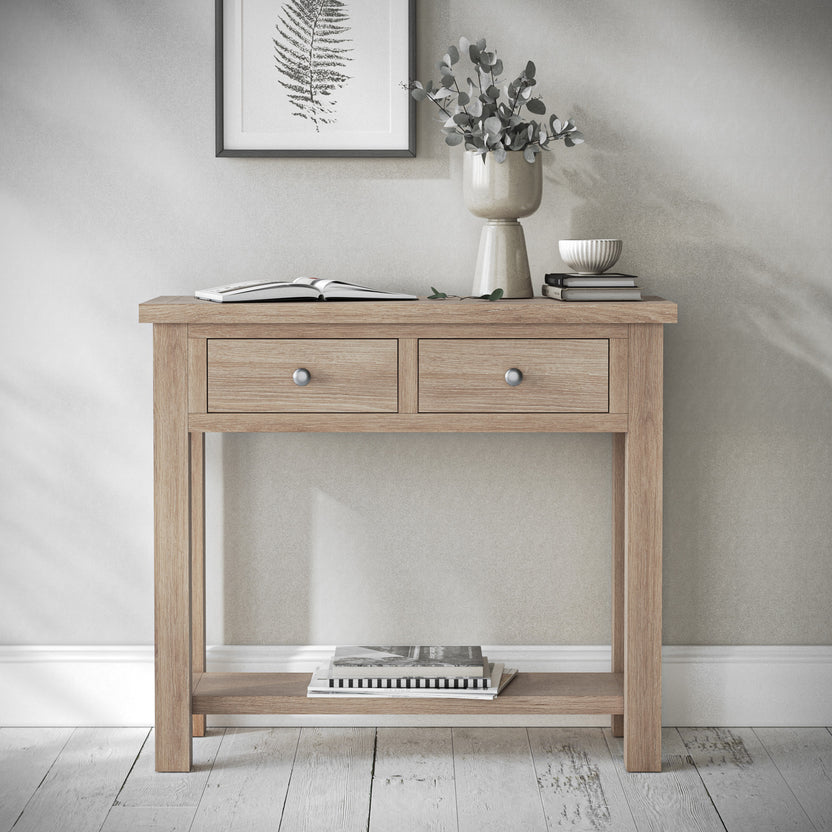 Farrow Washed Oak Console Table with Storage Drawers | Roseland