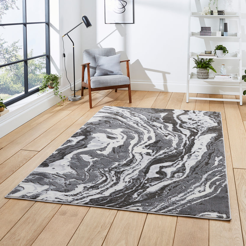 Aldrin Metallic Effect Marble Swirl Rectangular Rug for Living Room or ...