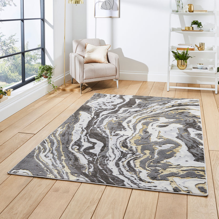 Aldrin Metallic Effect Marble Swirl Rectangular Rug for Living Room or ...