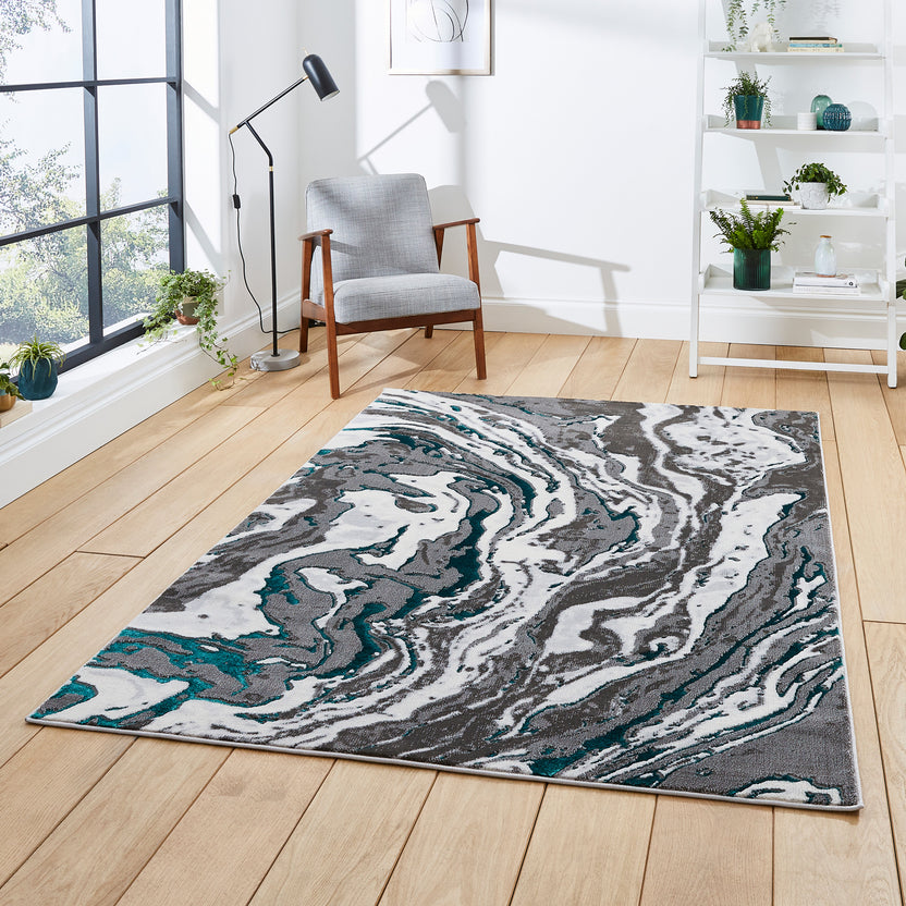 Aldrin Metallic Effect Marble Swirl Rectangular Rug for Living Room or ...