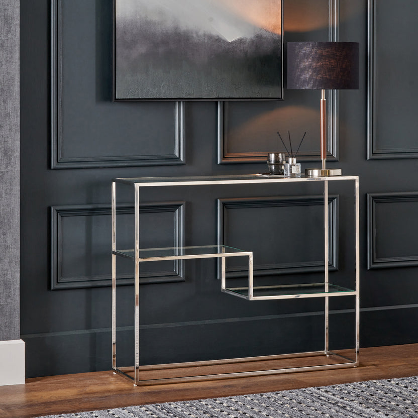 Aleandra Contemporary Glass & Silver Metal Console Table | Roseland