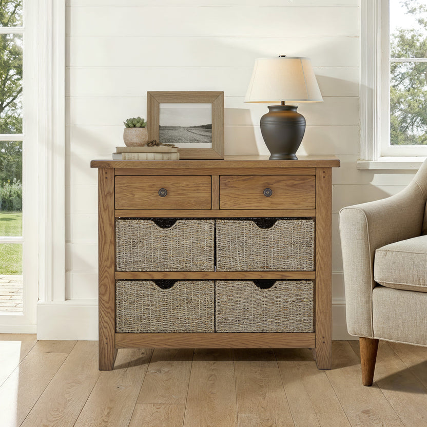 Broadway Oak Console Table with Baskets | Solid Wood | Roseland