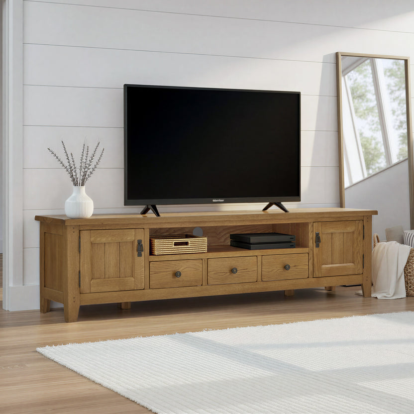 Broadway Oak Extra Large 210cm TV Unit with Storage Drawers | Roseland