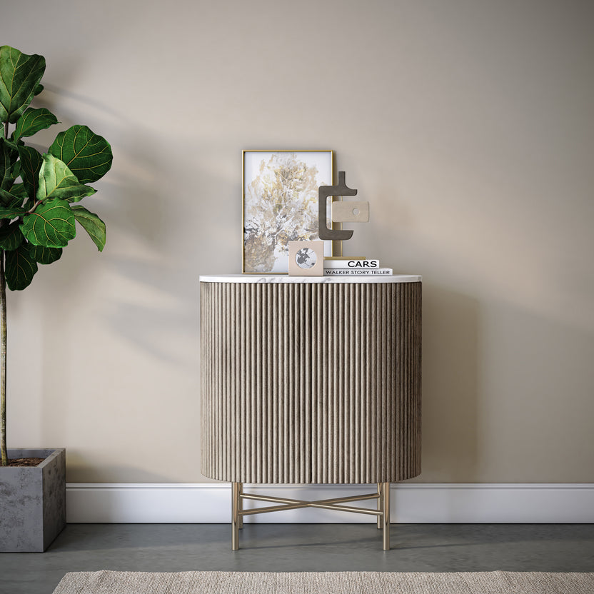 Amelie Grey Fluted Mango & Marble Mini Sideboard Cabinet | Roseland