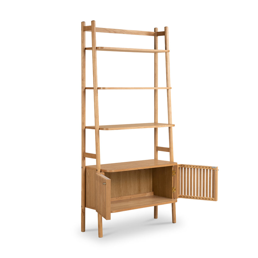 Shorwell Oak Large Bookcase with 2 Door Slatted Cupboard | Roseland
