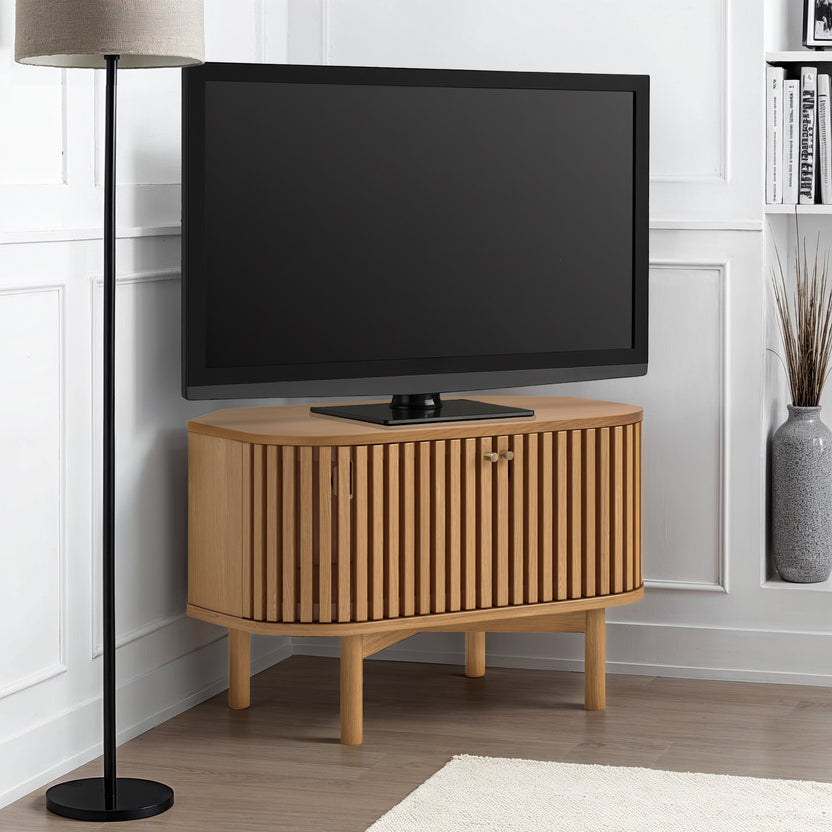 Shorwell Oak Contemporary Small Slatted Corner TV Unit Stand | Roseland