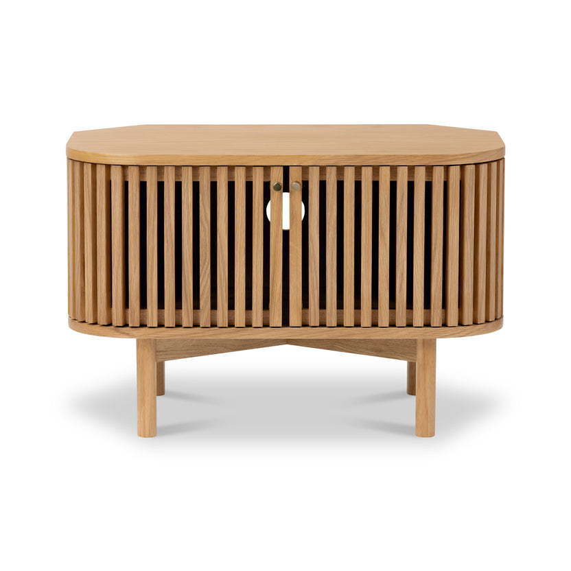 Shorwell Oak Contemporary Small Slatted Corner TV Unit Stand | Roseland