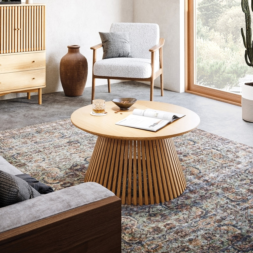 Shorwell Oak Contemporary Slatted Round Coffee Table | Roseland