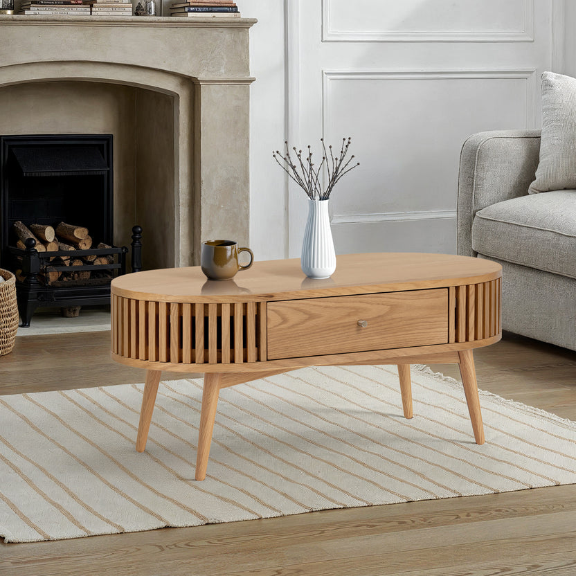 Shorwell Oak Slatted Oval 1 Drawer Coffee Table with Storage Drawer