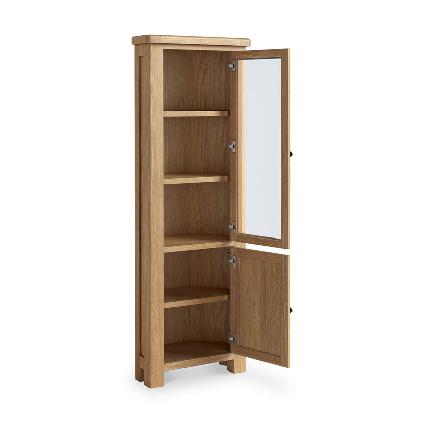 Portland Oak 2 Door Slim Corner Display Unit with 5 Shelves | Roseland