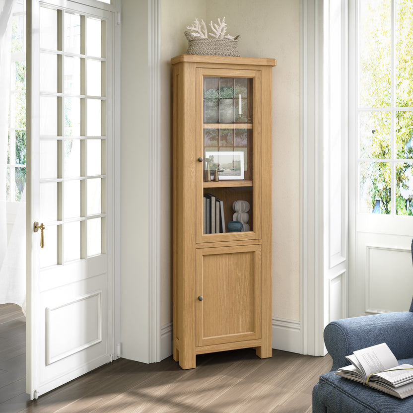 Portland Oak 2 Door Slim Corner Display Unit with 5 Shelves | Roseland