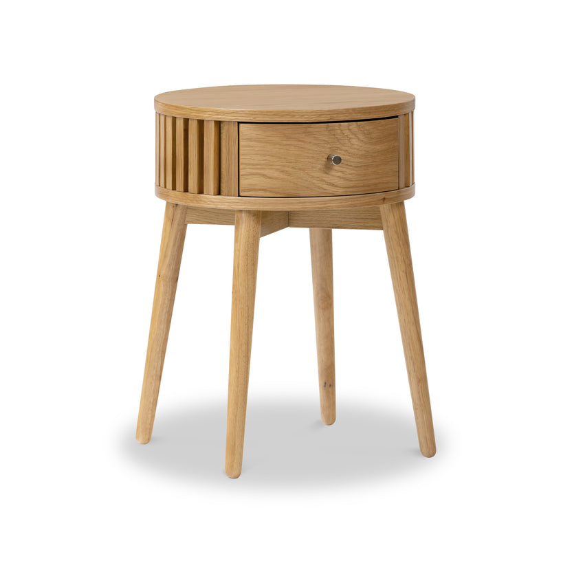 Shorwell Oak Slatted Round 1 Drawer Sofa Side Table | Roseland