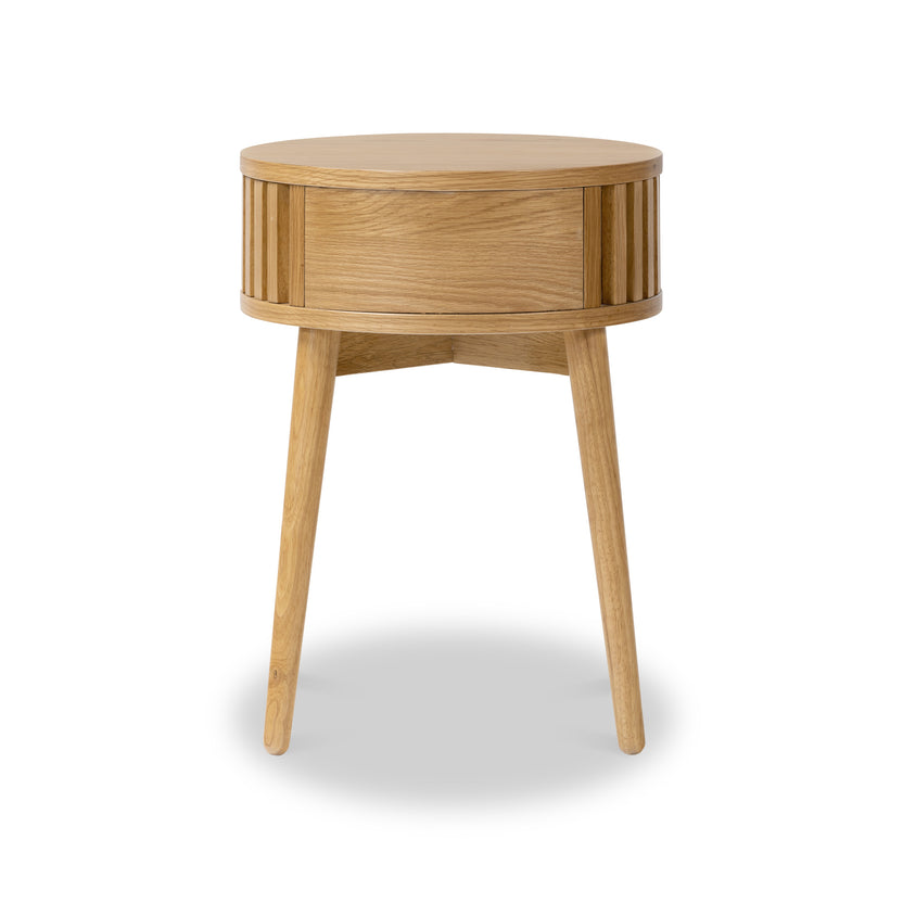Shorwell Oak Slatted Round 1 Drawer Sofa Side Table | Roseland