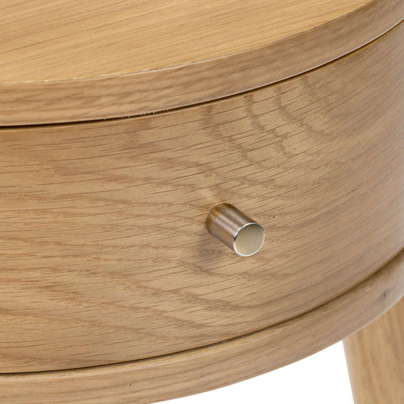 Shorwell Oak Slatted Round 1 Drawer Sofa Side Table | Roseland