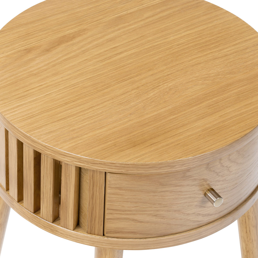 Shorwell Oak Slatted Round 1 Drawer Sofa Side Table | Roseland