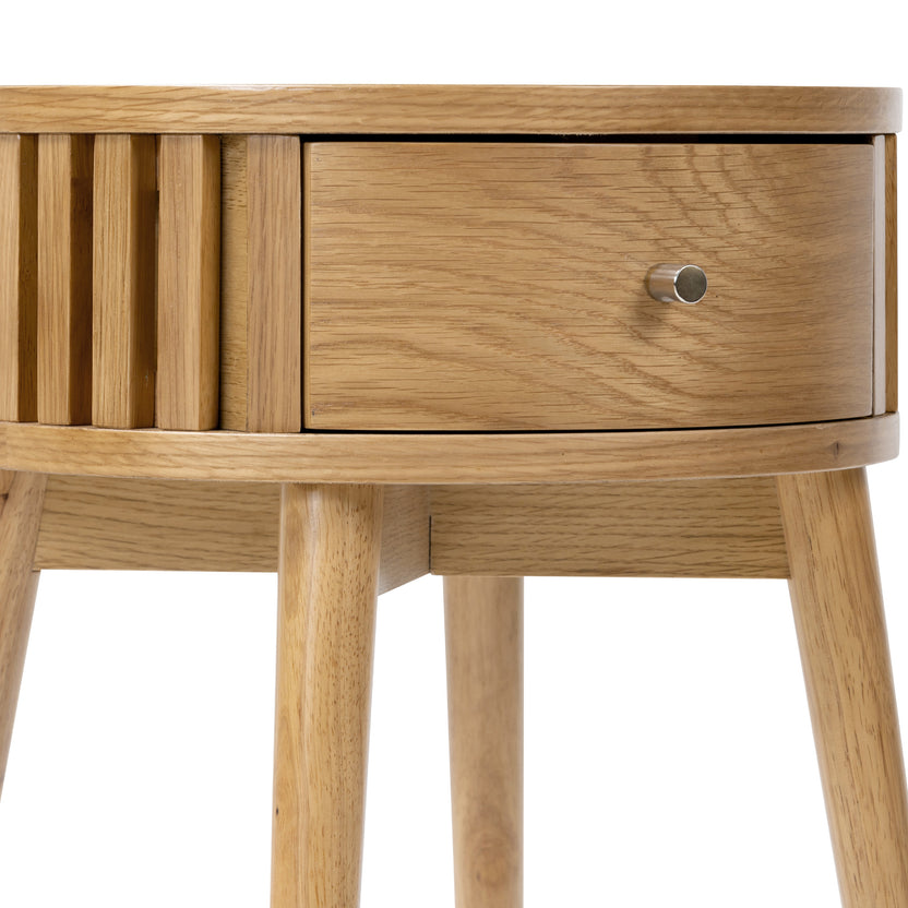 Shorwell Oak Slatted Round 1 Drawer Sofa Side Table | Roseland