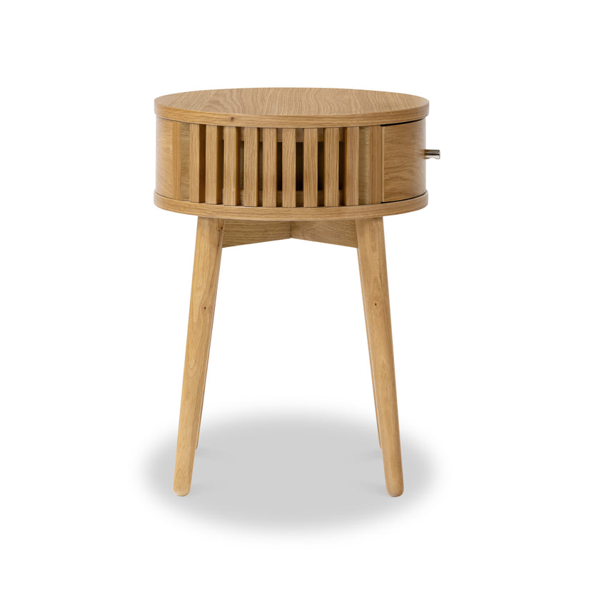 Shorwell Oak Slatted Round 1 Drawer Sofa Side Table | Roseland