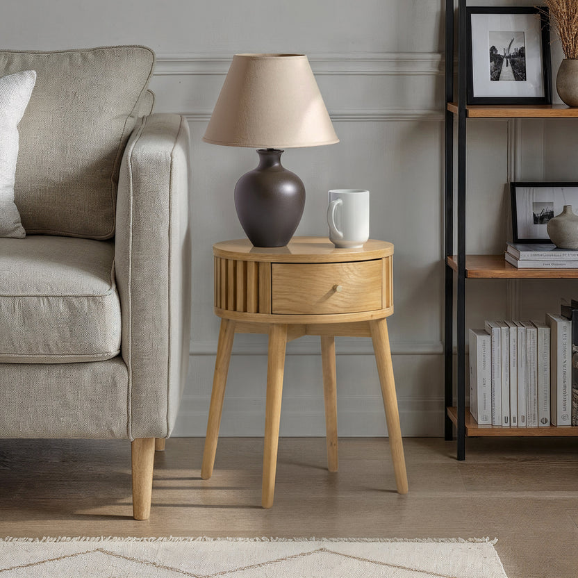 Shorwell Oak Slatted Round 1 Drawer Sofa Side Table | Roseland