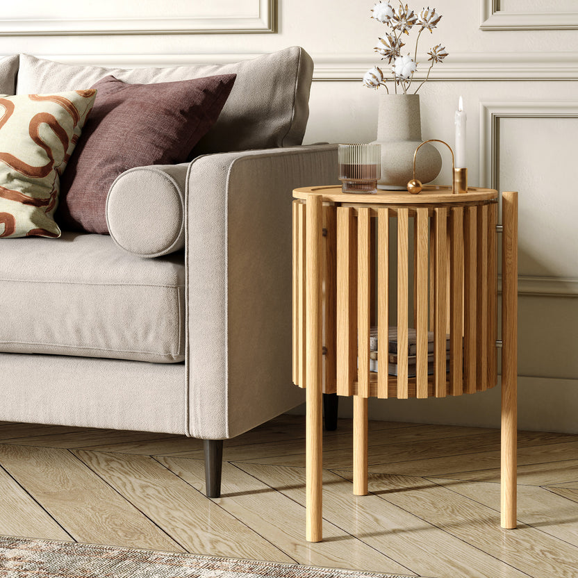 Shorwell Oak Slatted Story Sofa Side Table with Storage | Roseland
