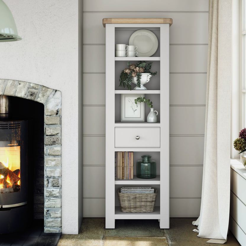 Penzance Slim Bookcase with Drawer | Grey / Sage Green | Roseland