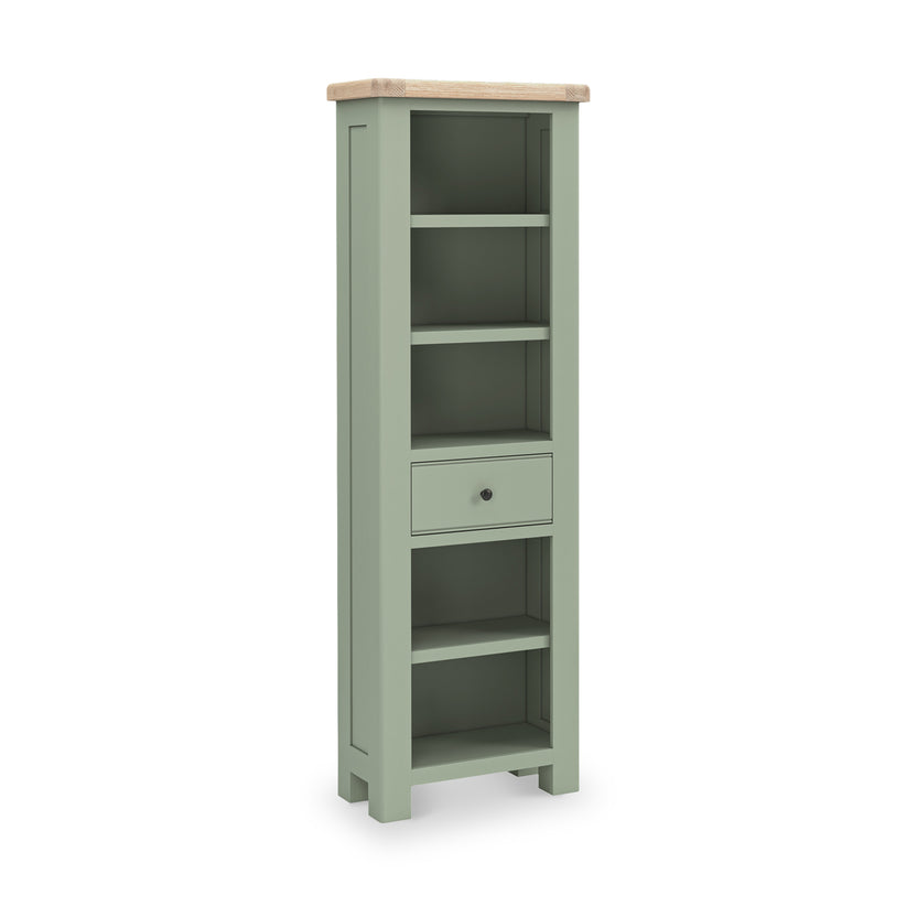 Penzance Slim Bookcase with Drawer | Grey / Sage Green | Roseland