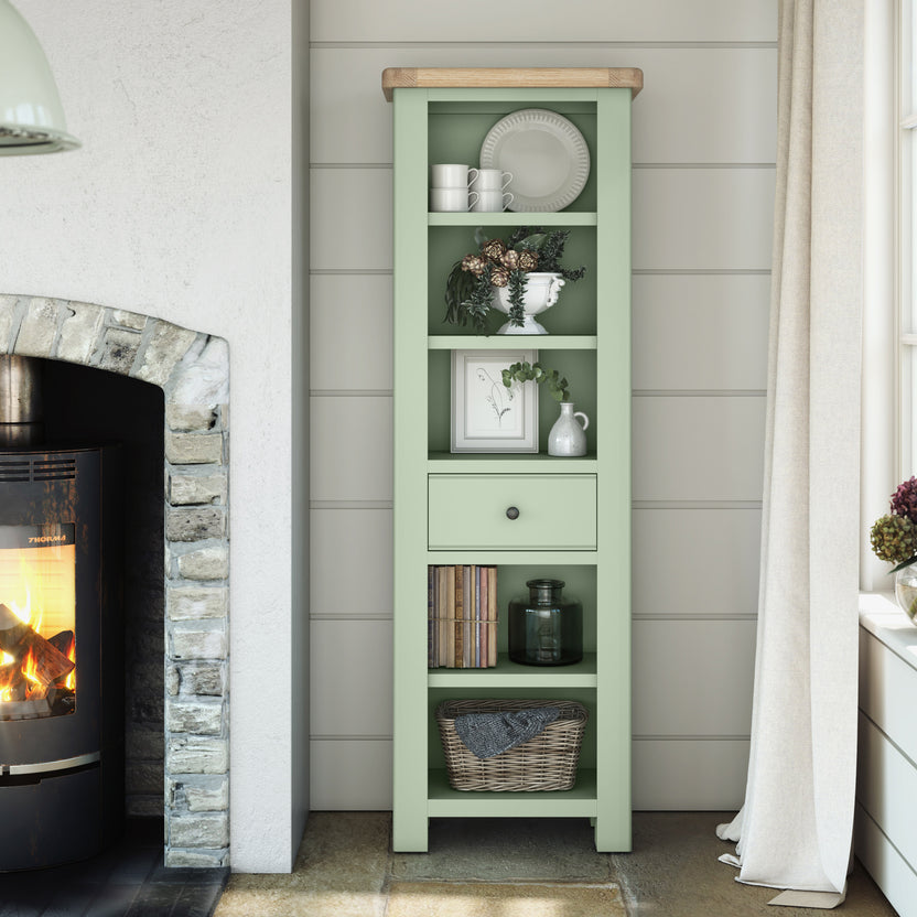 Penzance Slim Bookcase with Drawer | Grey / Sage Green | Roseland