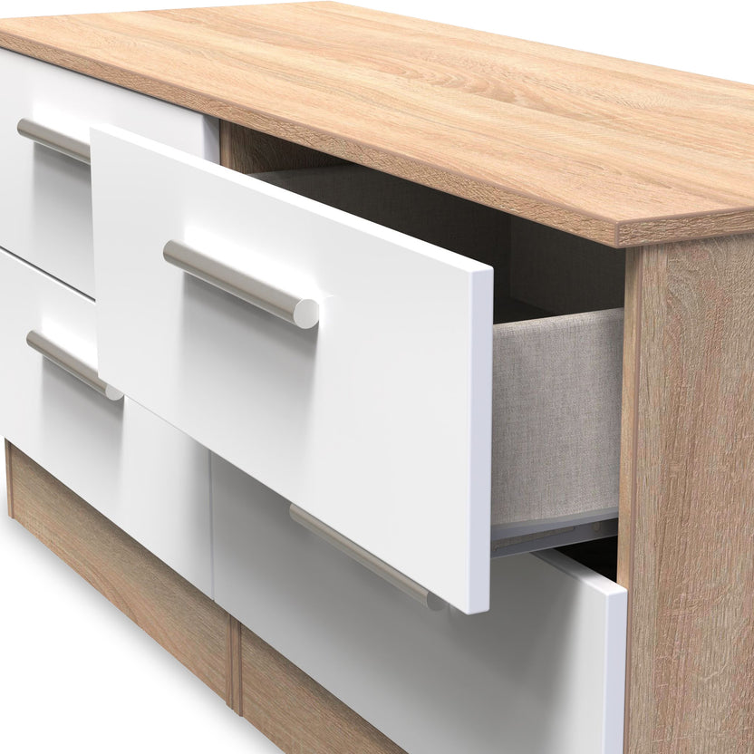 Blakely Glossy White & Light Oak 4 Drawer Low Storage Unit | Roseland