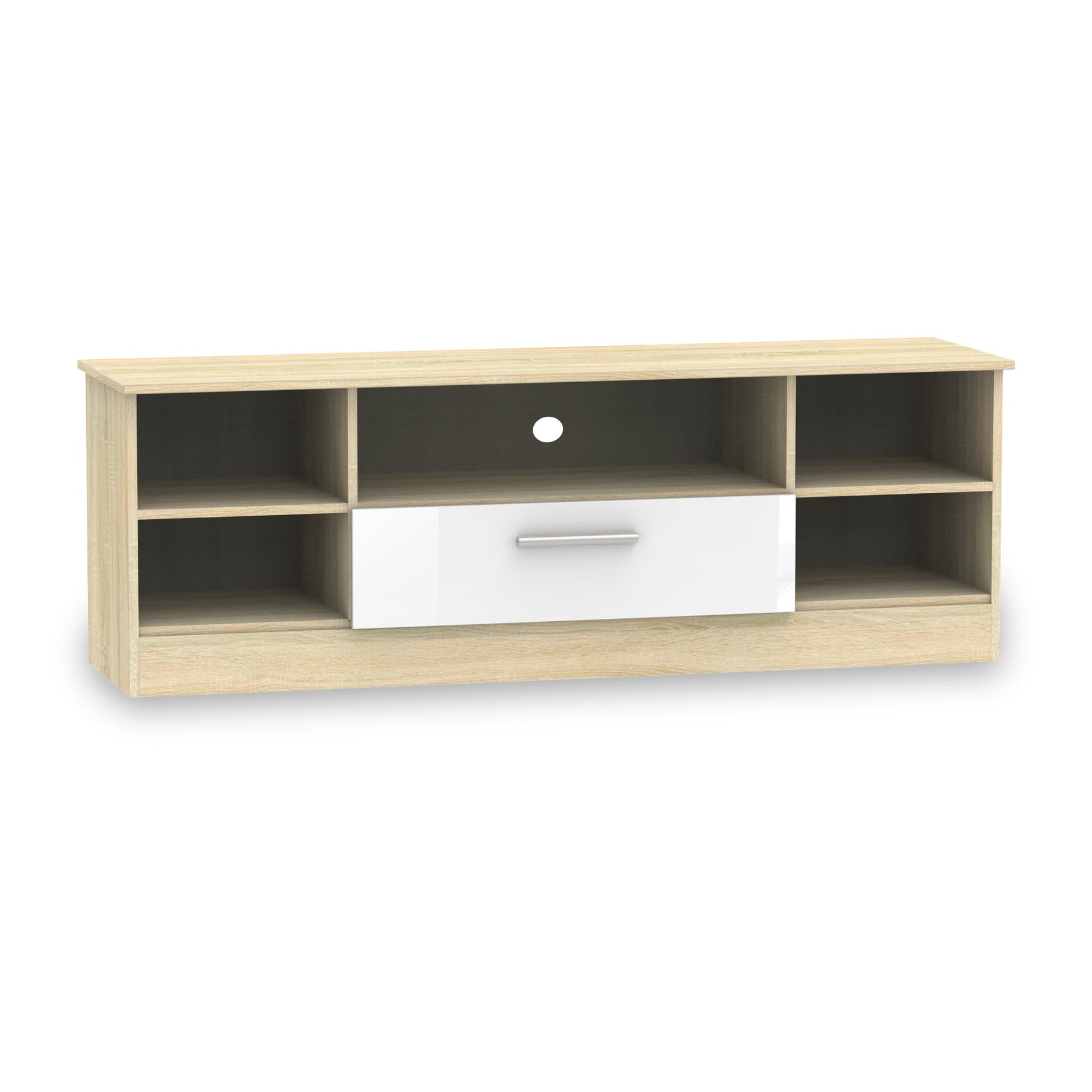 Blakely Glossy White & Light Oak 1 Drawer Wide TV Unit | Roseland