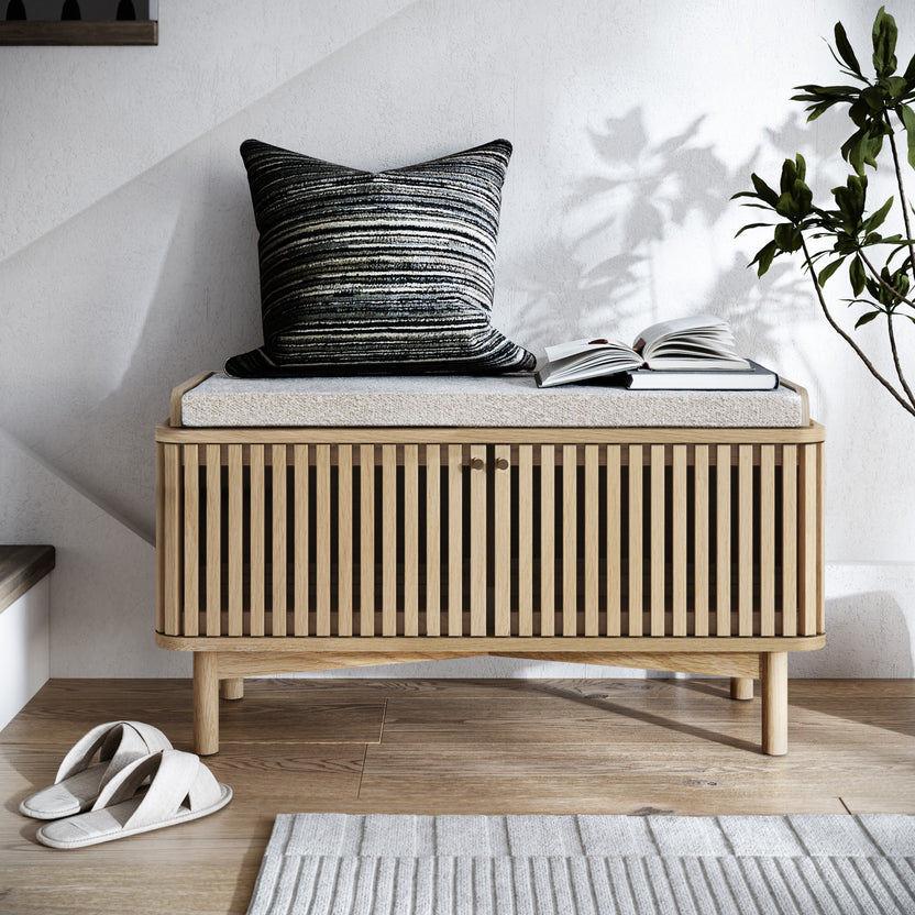 Finch Oak Slatted Storage Bench with 2 Doors for Hallway | Roseland