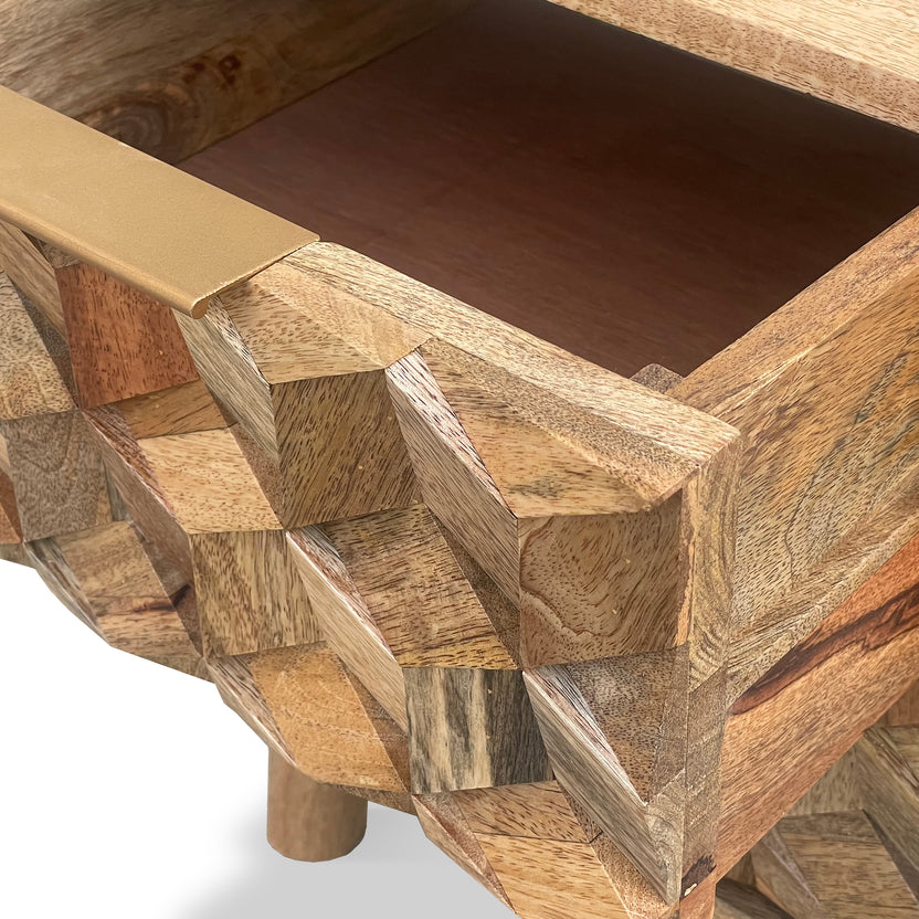 Enzo 3D Geometric Mango Wood 2 Drawer Bedside Table Cabinet | Roseland