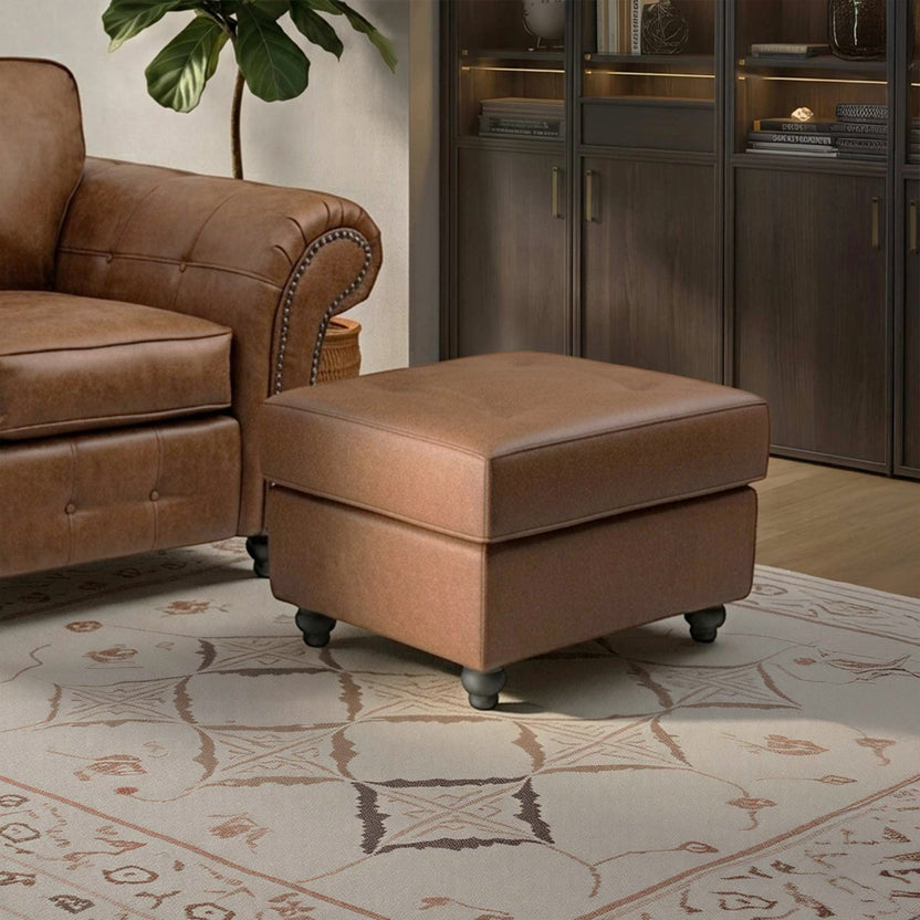 Edward Faux Leather Footstool | Brown Cream Black | Roseland