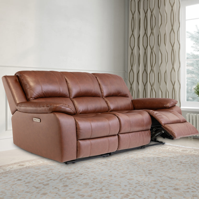 Selma Leather Electric Recliner 3 Seater Sofa | Dark Tan or Grey