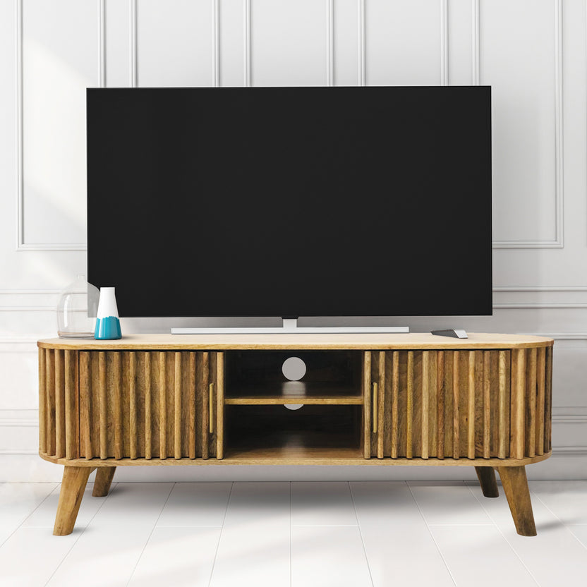 Leo Slatted Mango Wood Large TV Unit Stand for Living Room | Roseland