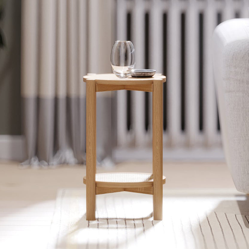 Albany Oak & Rattan Round Side Table for Scandi Living Room | Roseland