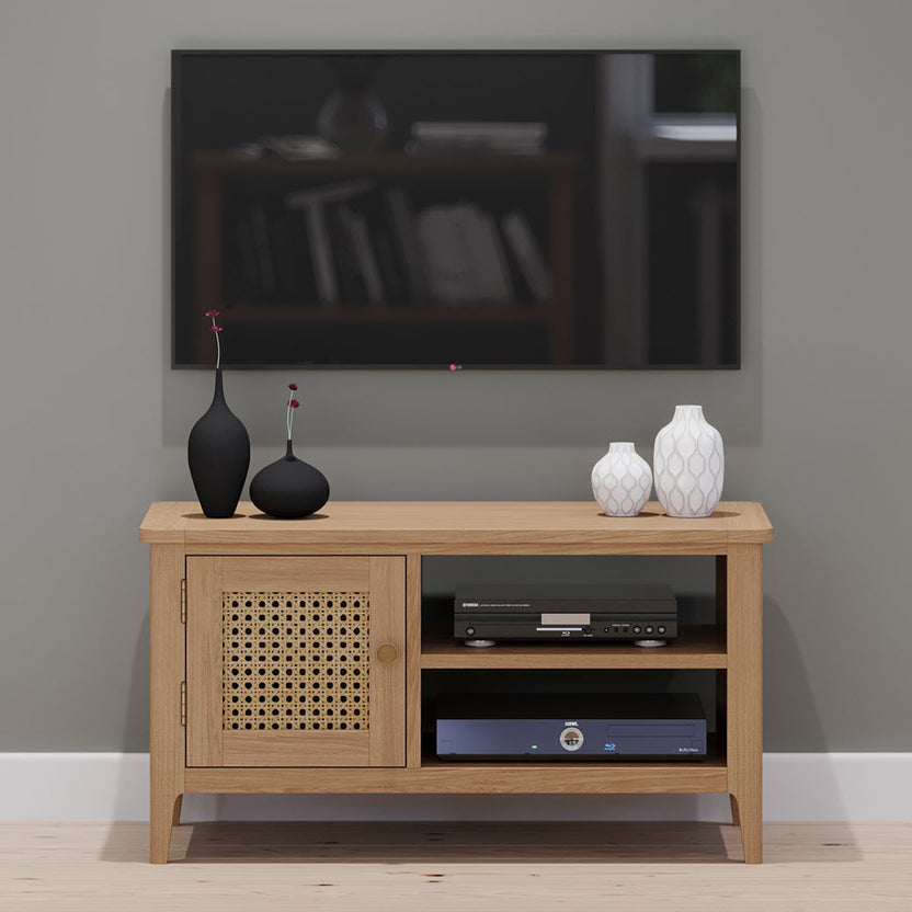 Albany Oak & Rattan Small TV Unit for Scandi Living Room | Roseland
