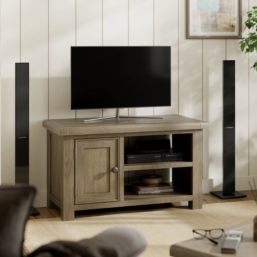 Taunton Grey Washed Smoked Oak 85cm TV Unit for Living Room | Roseland