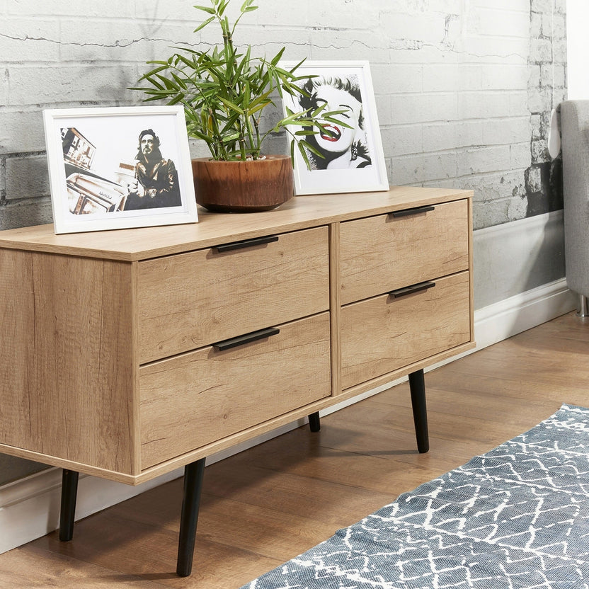 Asher Light Oak Wooden 4 Drawer Low Storage Unit | Roseland
