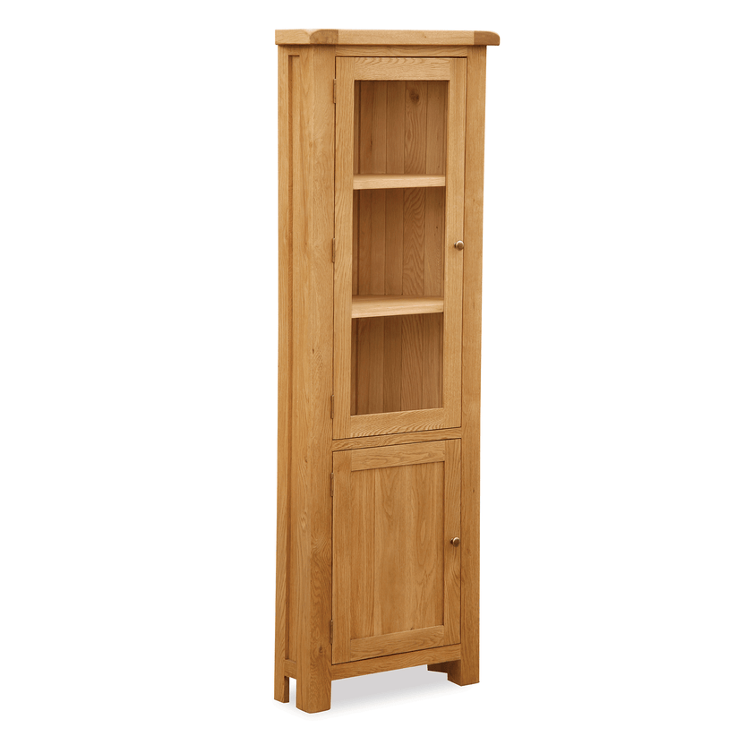 Zelah Oak Corner Display Cabinet, Solid Wood, Rustic Wax Finish