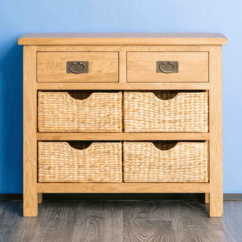 Surrey Oak Console Table With Baskets & 2 Drawers | Rustic Waxed Oak